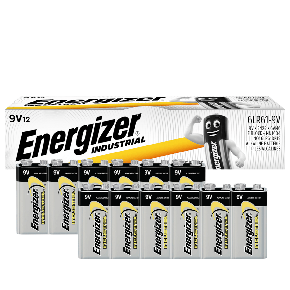 Energizer Industrial Alkaline Battery - 9V, 6LR61 - Pack of 12 ...