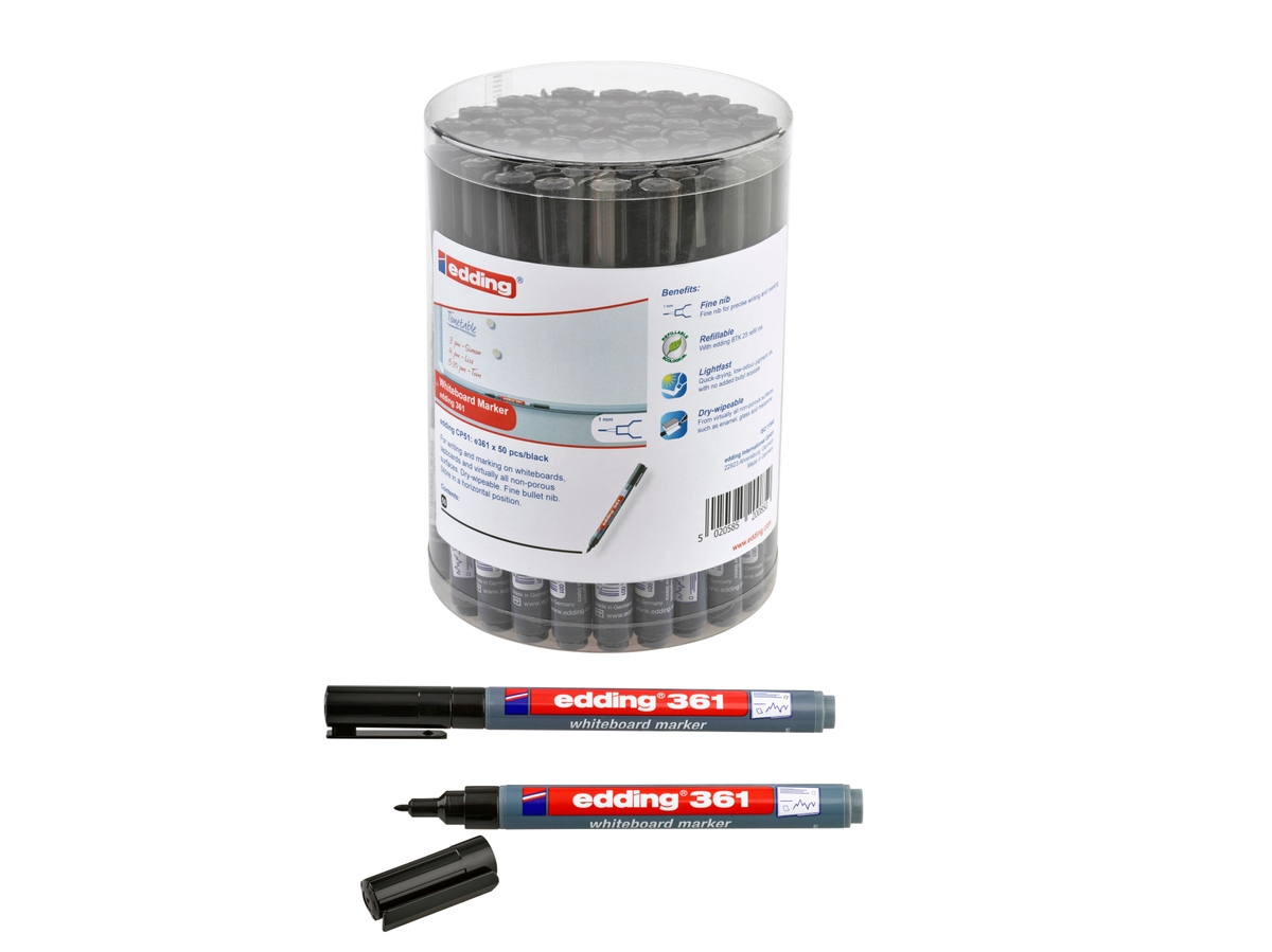 edding 361 Whiteboard Marker Pens - Black - Fine Tip - Pack of 50 ...