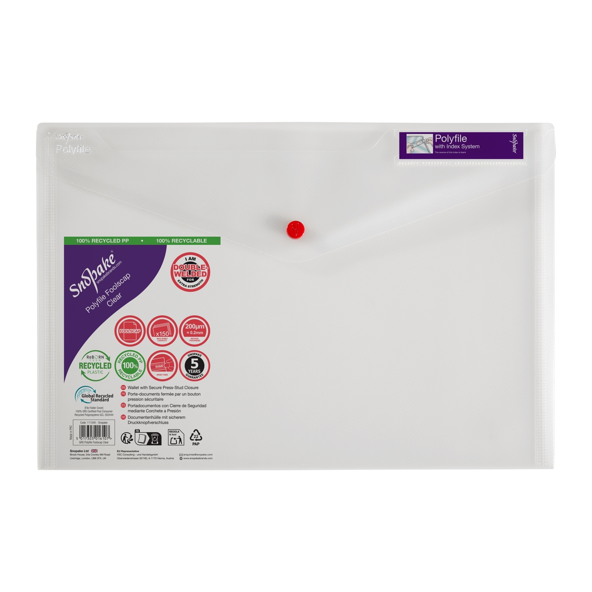 Snopake Classic Polyfile Popper Wallet - Foolscap - Clear - Pack of 5 ...