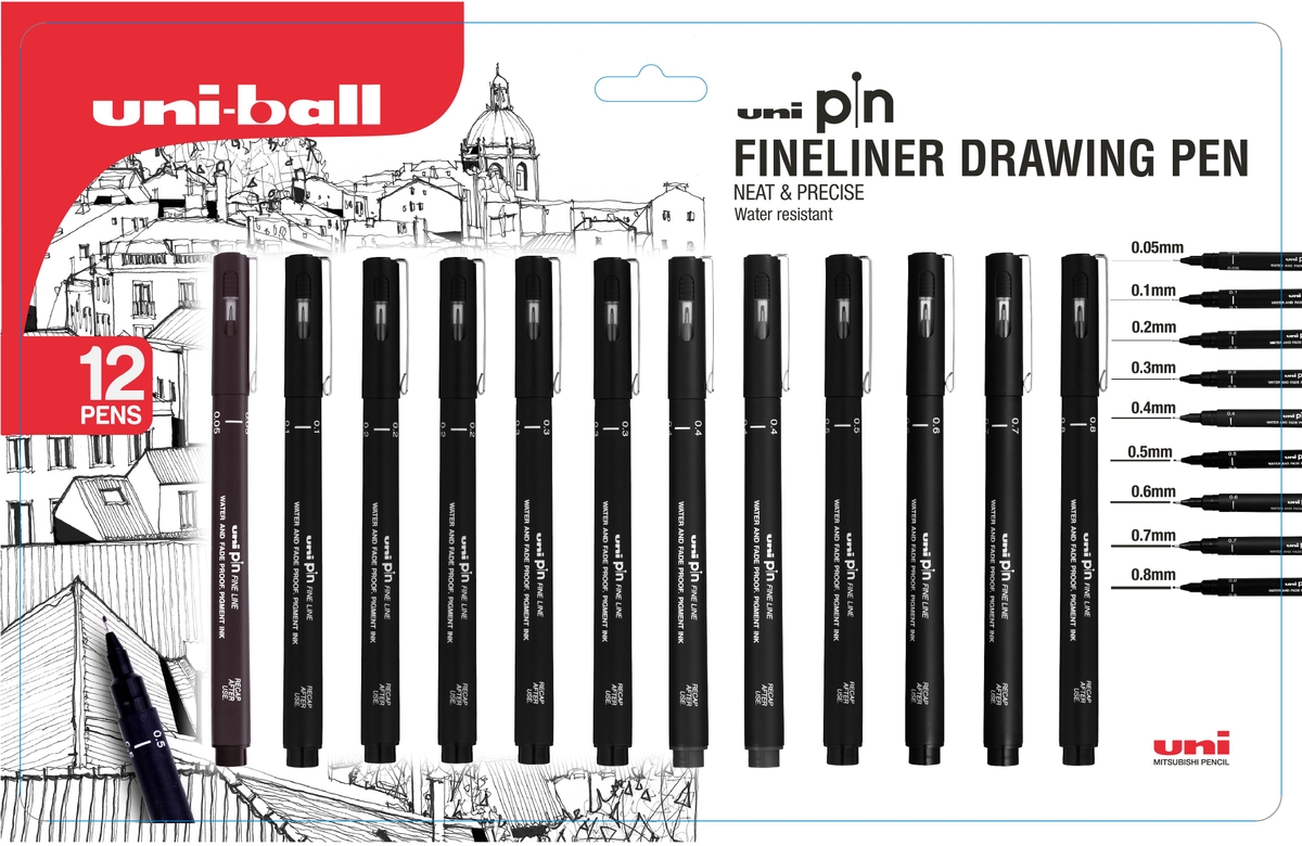 uni-Ball Pin Drawing Pens - Assorted - Pack of 12 | HP00052260 | Hope