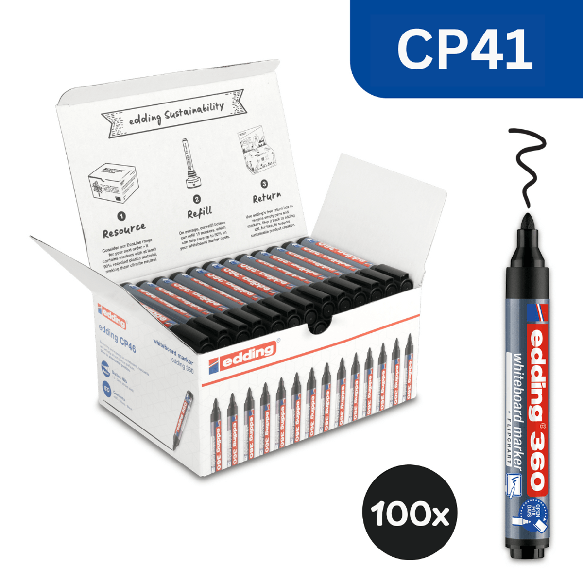 edding 360 Whiteboard Marker - Black - Bullet Tip - Pack of 100 ...