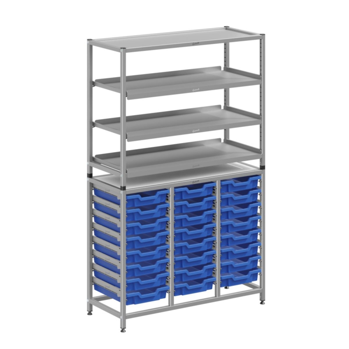 Gratnells Dynamis Treble Silver Frame 3 Shelves & 24 Shallow Trays ...