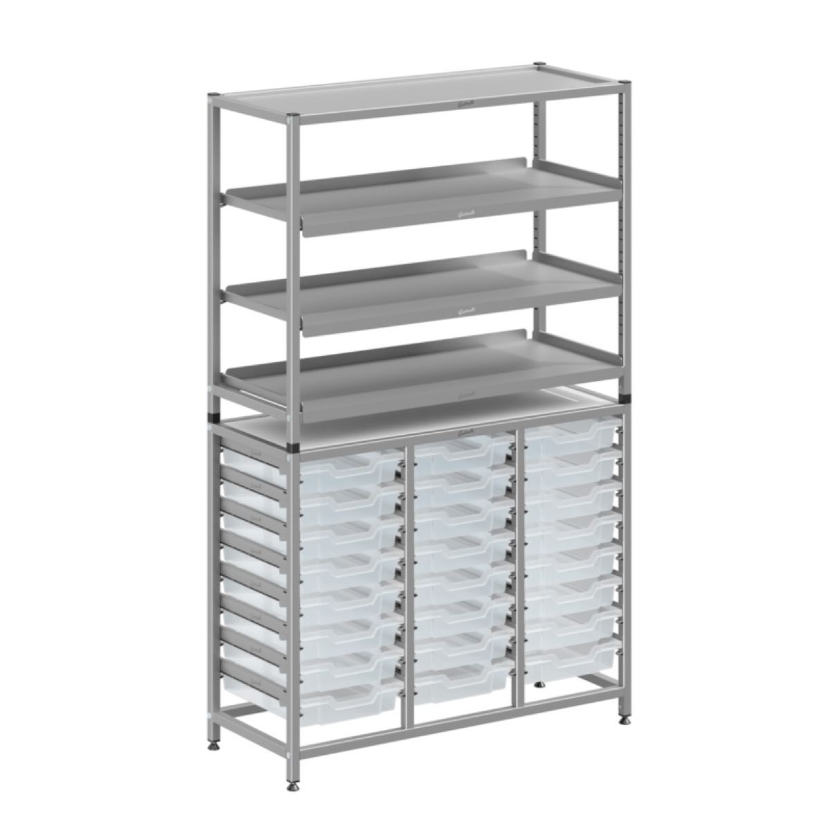 Gratnells Dynamis Treble Silver Frame 3 Shelves & 24 Shallow Trays ...