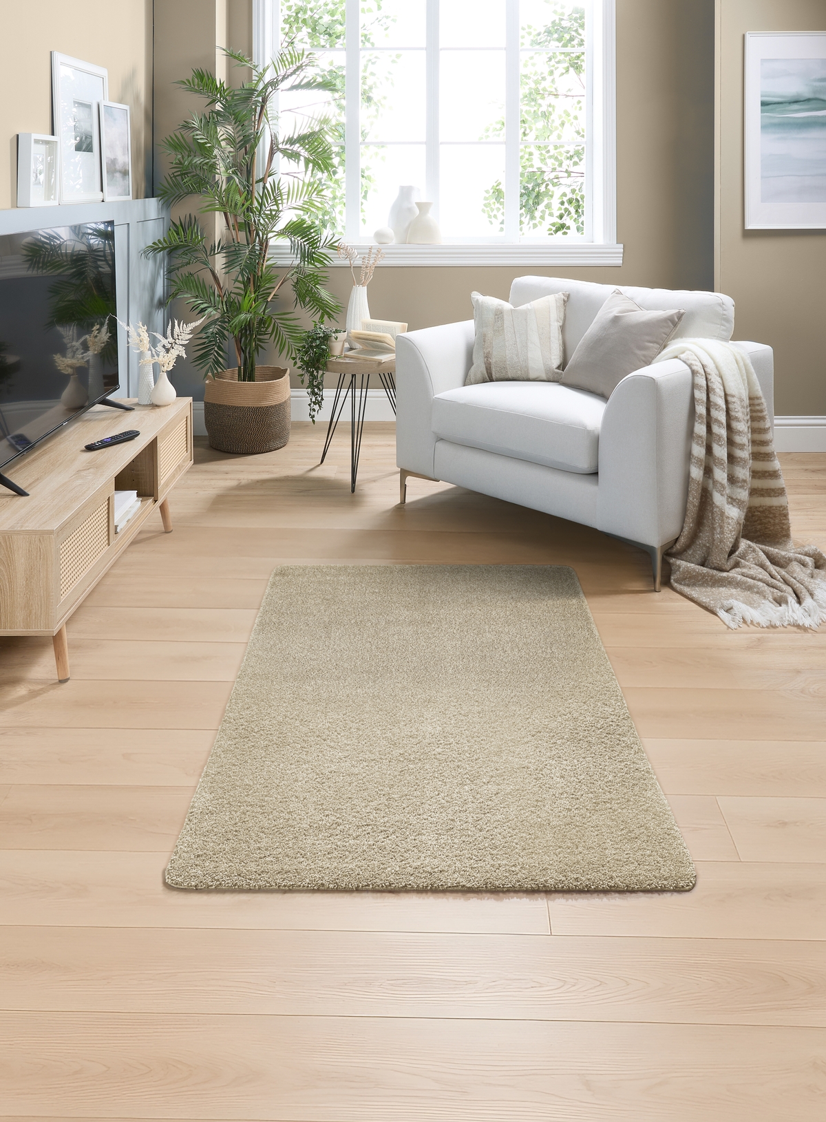 Plain Shaggy Stain Resistant Washable Rug -100 x 150cm - Stone ...